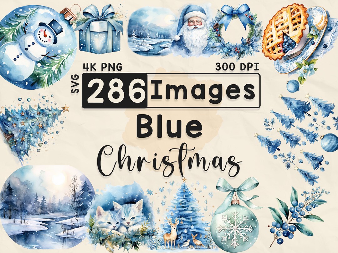 Blue Christmas Clipart, Watercolor Clipart, Christmas PNG, Scrapbook ...