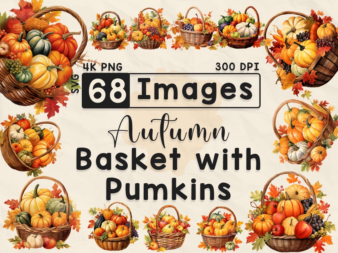 68 Autumn Pumpkin Basket Clipart, Watercolor Clipart, Fall Season ...