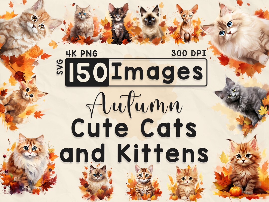 150 Autumn Cute Cats and Kittens Clipart, Watercolor Clipart, Fall ...