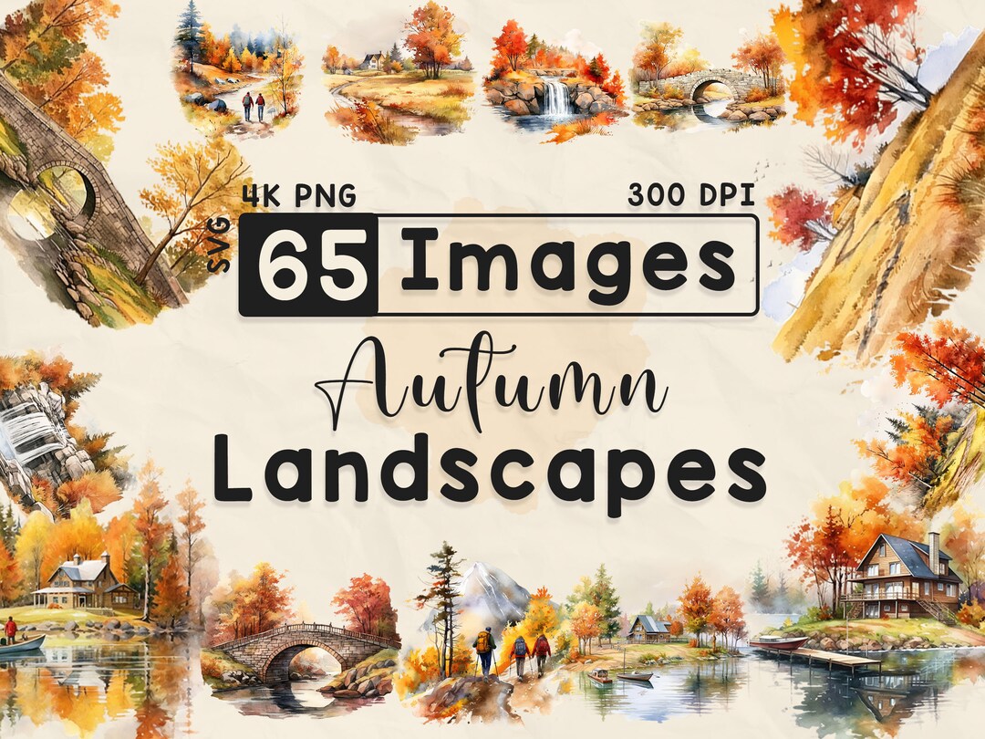 65 Autumn Landscape Clipart, Watercolor Clipart, Fall Season, Scrapbook ...
