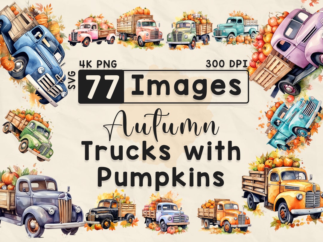 77 Autumn Truck With Pumpkin Clipart, Watercolor Clipart, Fall Season ...