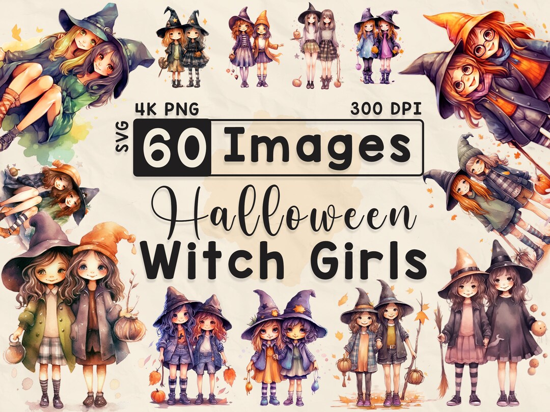 60 Halloween Witch Girls Clipart, Watercolor Clipart, Halloween PNG ...