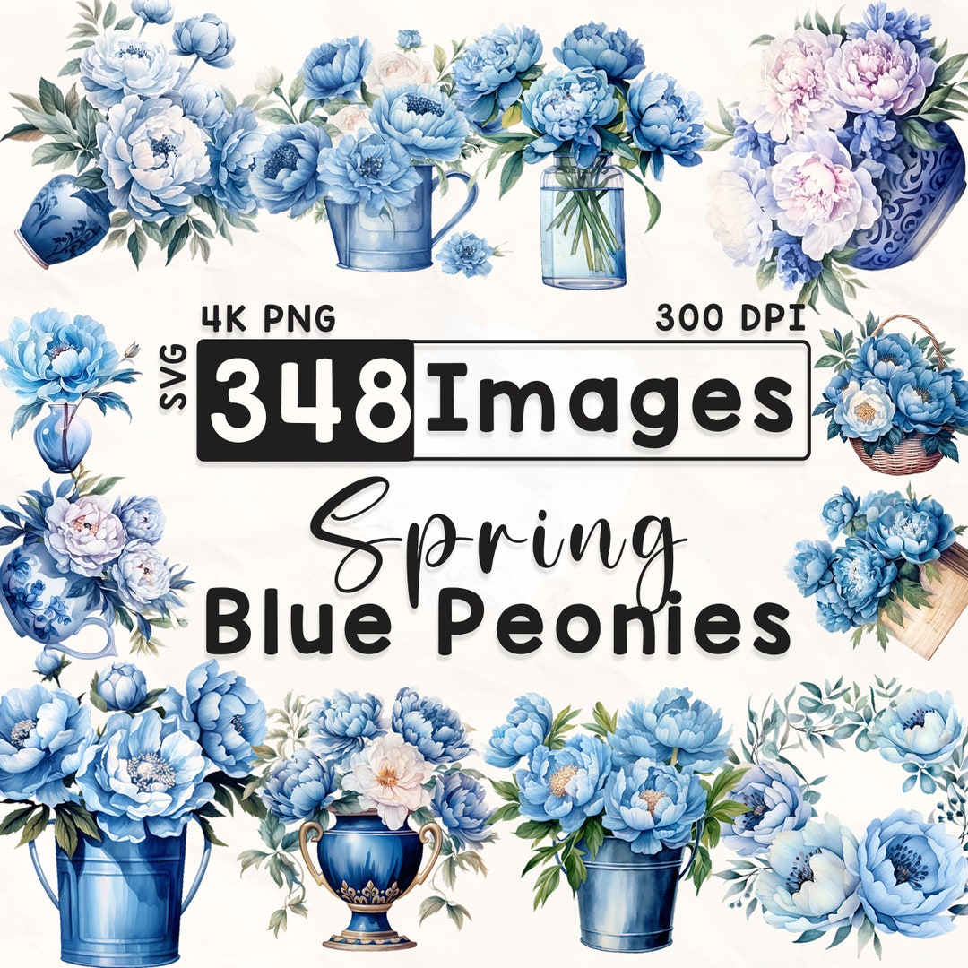 348 Blue Peonies Clipart Bundle, Watercolor Floral Clipart, Peony ...
