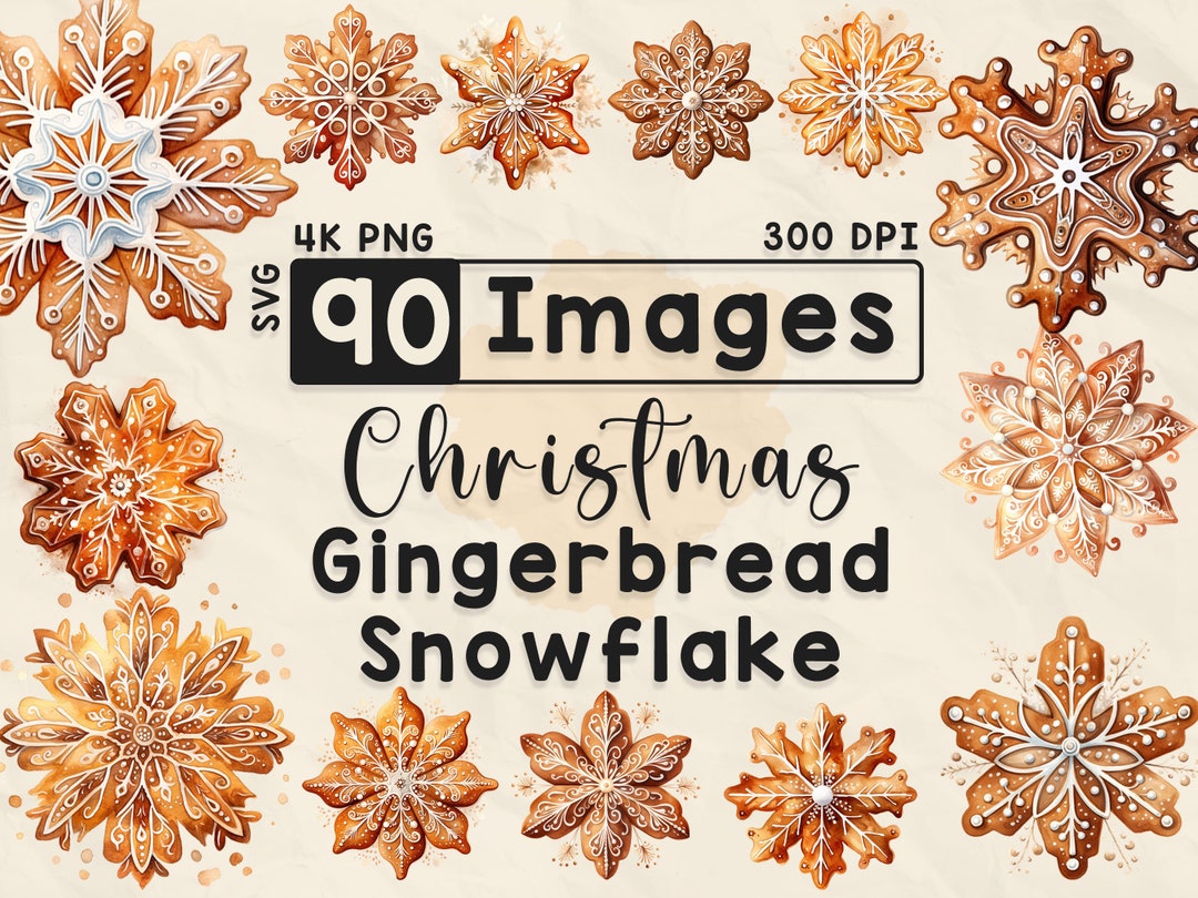 90 Christmas Gingerbread Snowflake Clipart, Watercolor Clipart, Festive ...