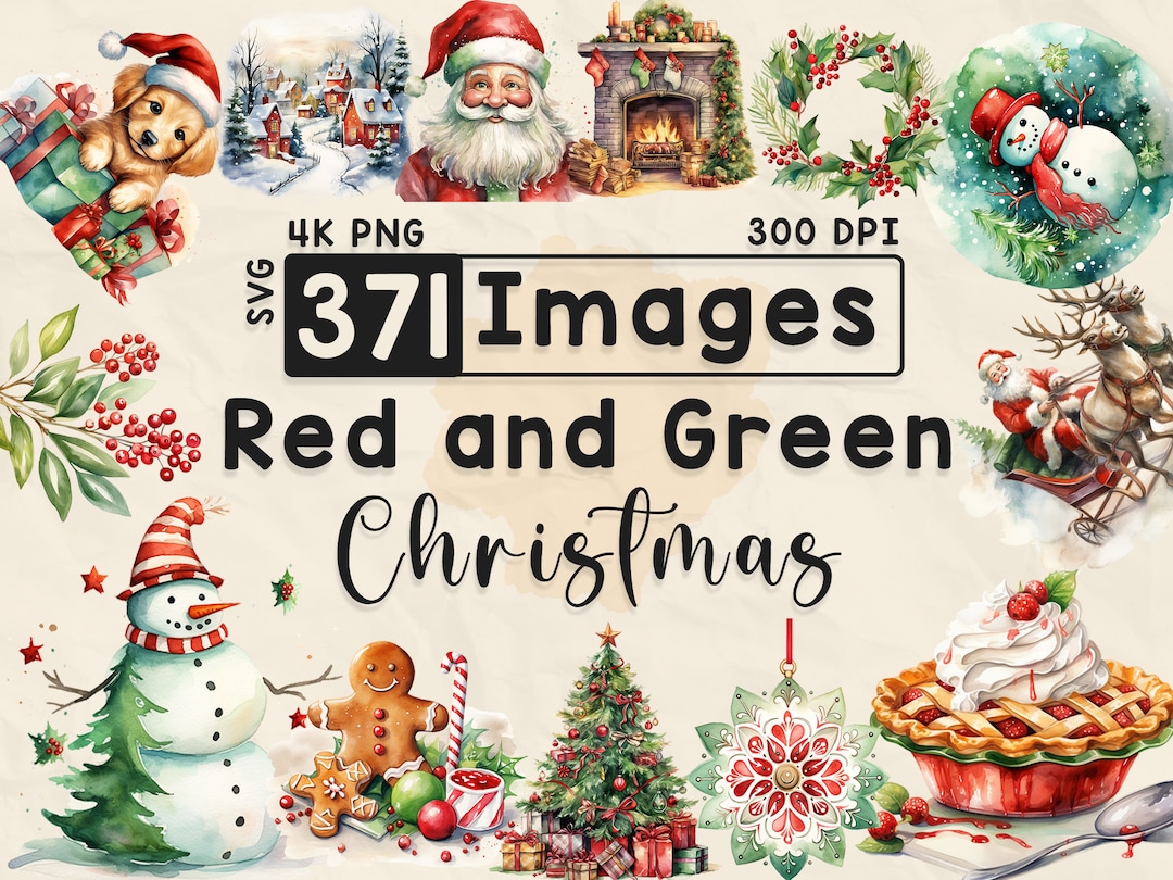 Red and Green Christmas Clipart, Watercolor Clipart, Christmas PNG ...