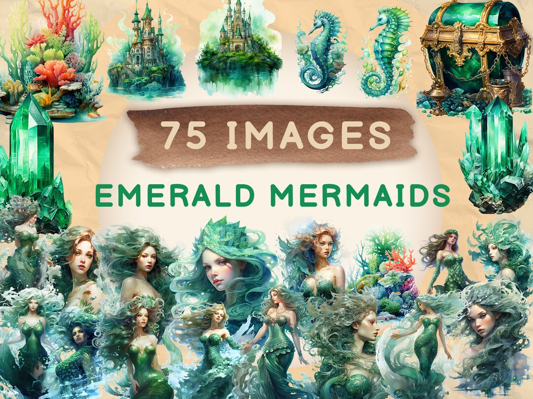 75 Emerald Green Mermaid Clipart, Watercolor Mermaid Clipart, 4K PNG ...
