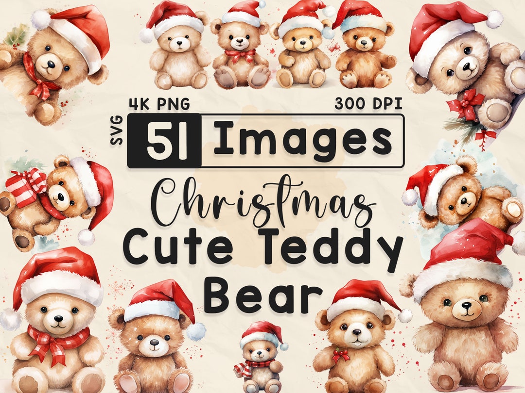Christmas Cute Teddy Bear Clipart, Watercolor Clipart, Christmas PNG ...