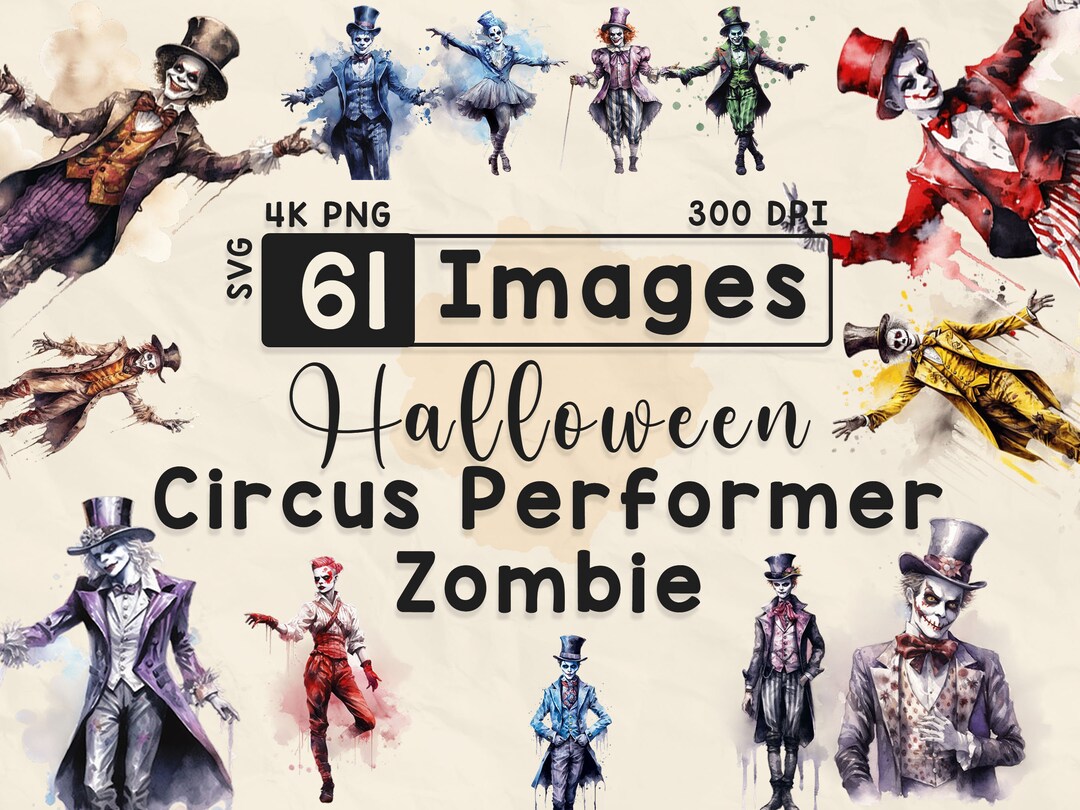61 Spooky Halloween Zombie Circus Performer Clipart, Watercolor Clipart ...