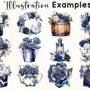 296 Navy and Silver Roses Clipart Bundle, Watercolor Floral Clipart ...