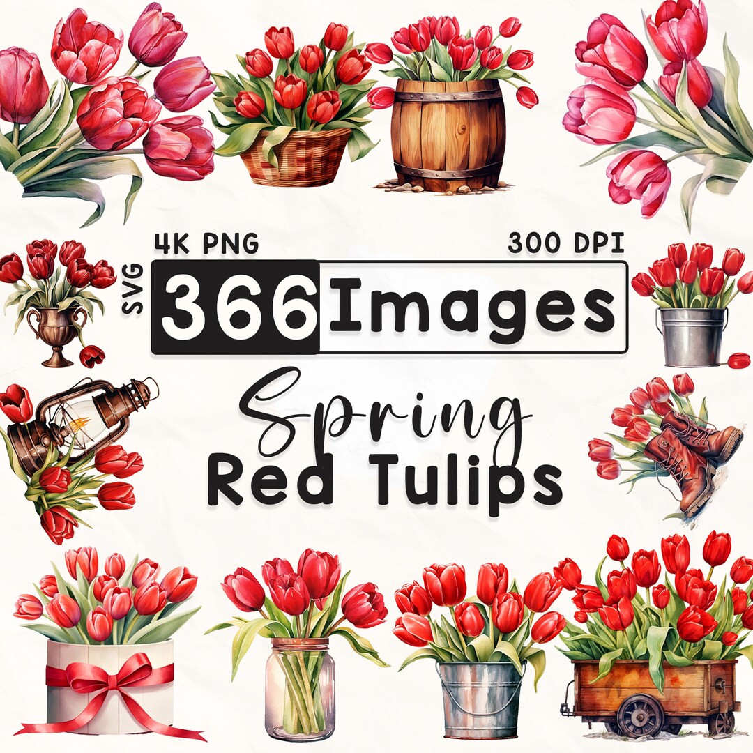 366 Red Tulips Clipart Bundle, Watercolor Floral Clipart, Tulip Clipart ...