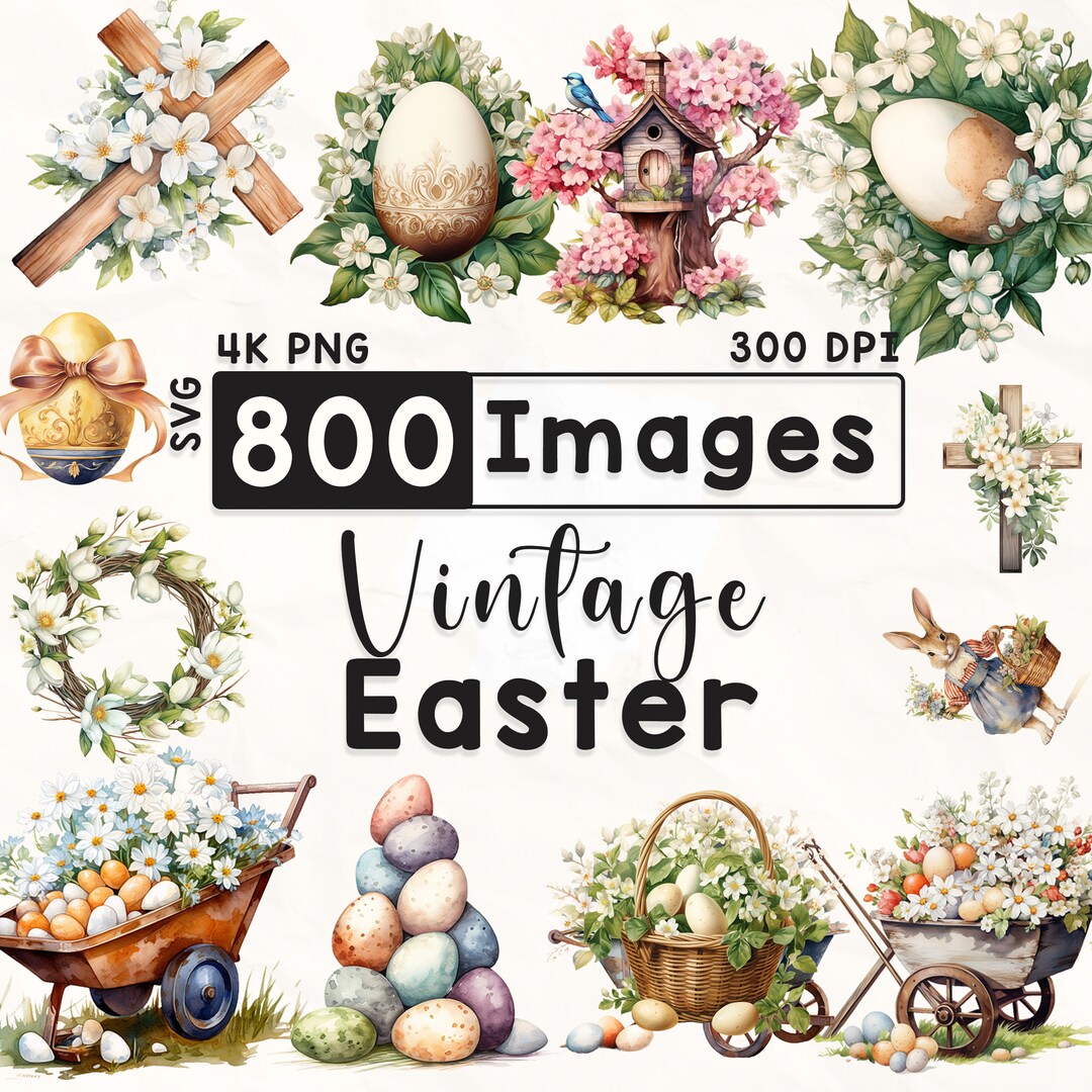 800 Vintage Easter Clipart Bundle, Watercolor Easter Clipart, Bunny ...
