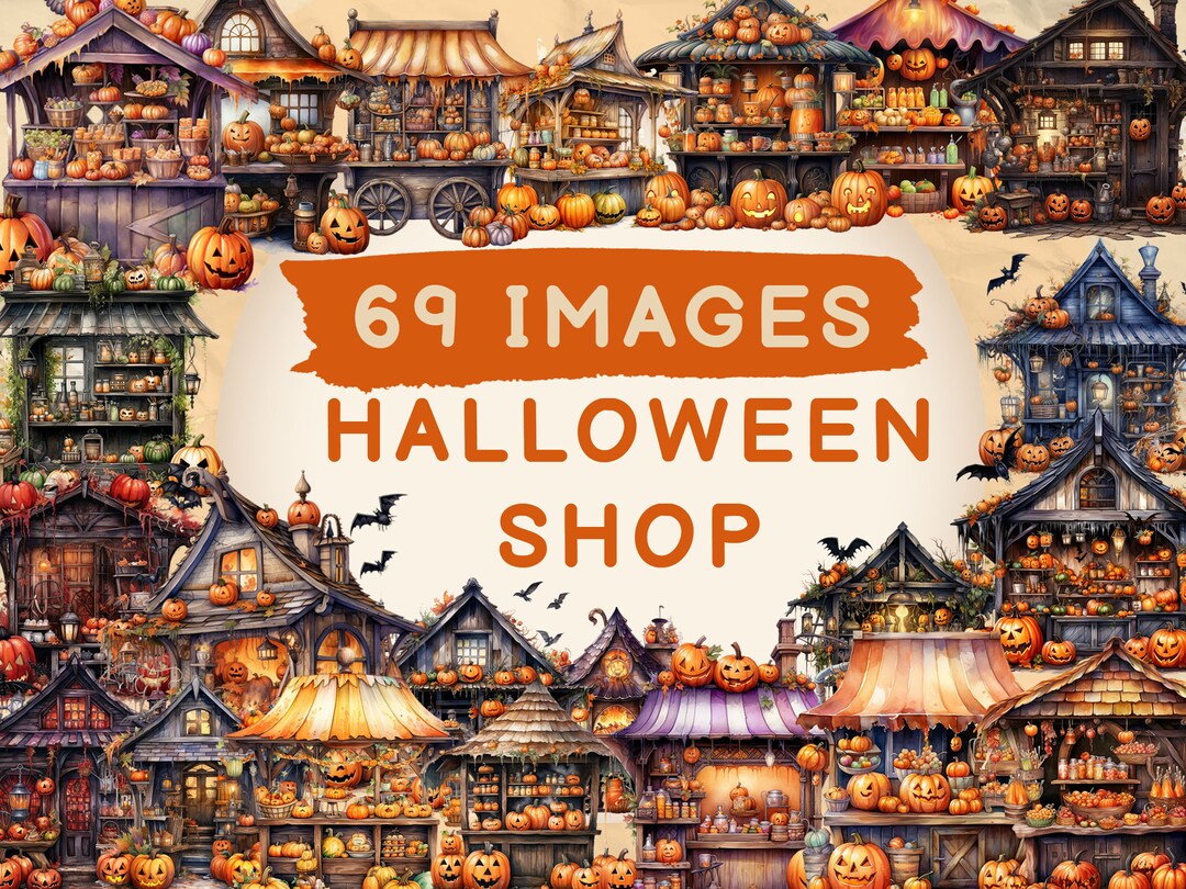 69 Halloween Shop Clipart, Watercolor Clipart, Halloween PNG, Spooky ...