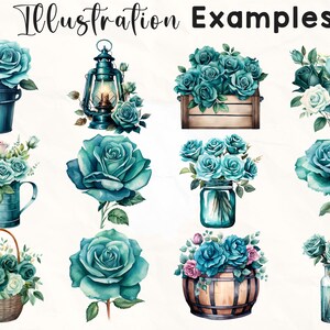 340 Teal Roses Clipart Bundle, Watercolor Floral Clipart, Rose Clipart ...