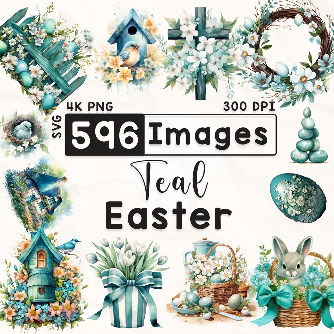 596 Teal Easter Clipart Bundle, Watercolor Easter Clipart, Bunny ...