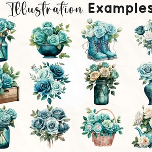 340 Teal Roses Clipart Bundle, Watercolor Floral Clipart, Rose Clipart ...