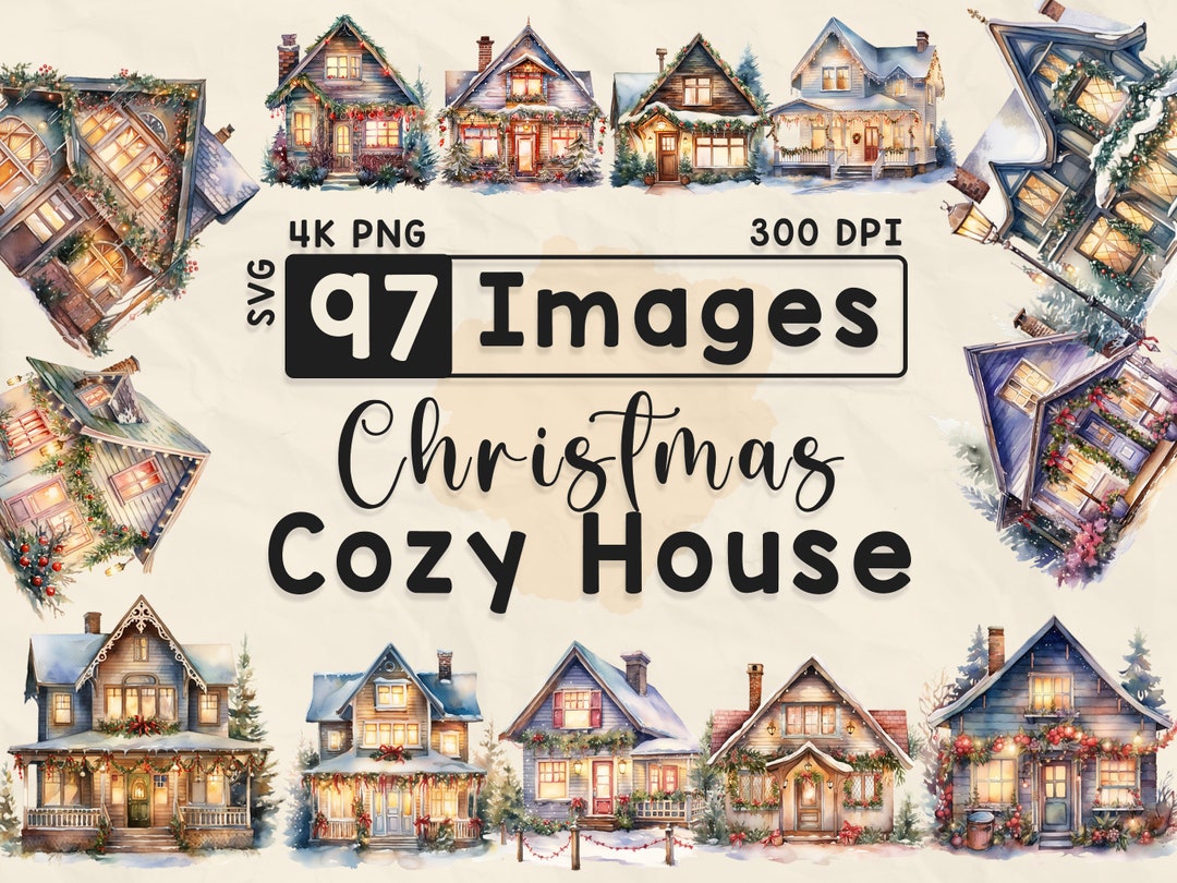97 Christmas Cozy House Clipart, Watercolor Clipart, Festive Season ...