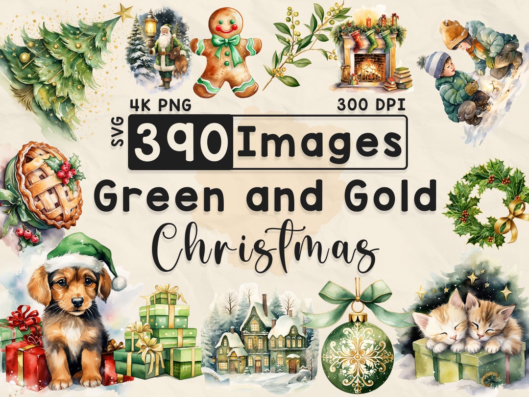 Green and Gold Christmas Clipart, Watercolor Clipart, Christmas PNG ...