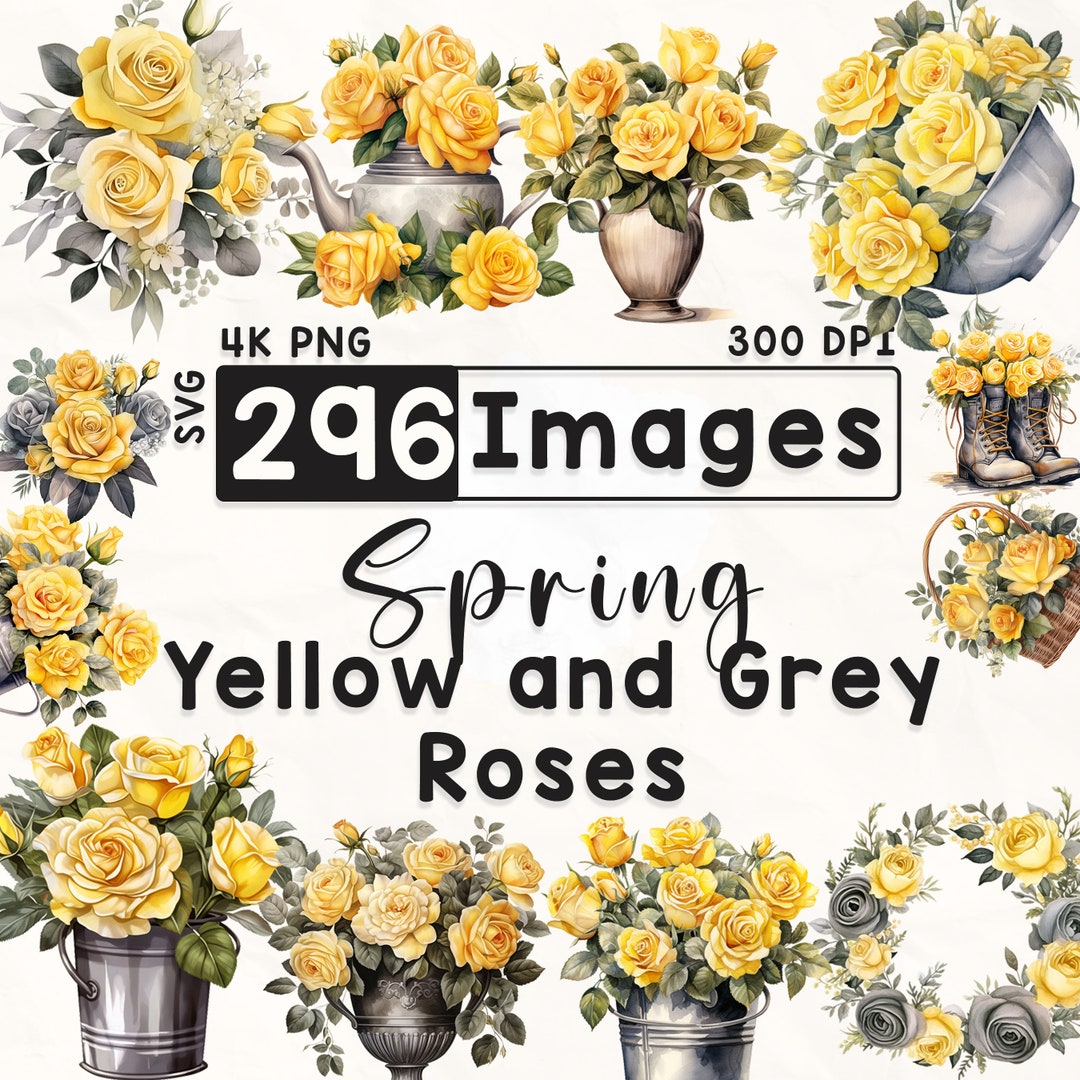 296 Yellow and Grey Roses Clipart Bundle, Watercolor Floral Clipart ...
