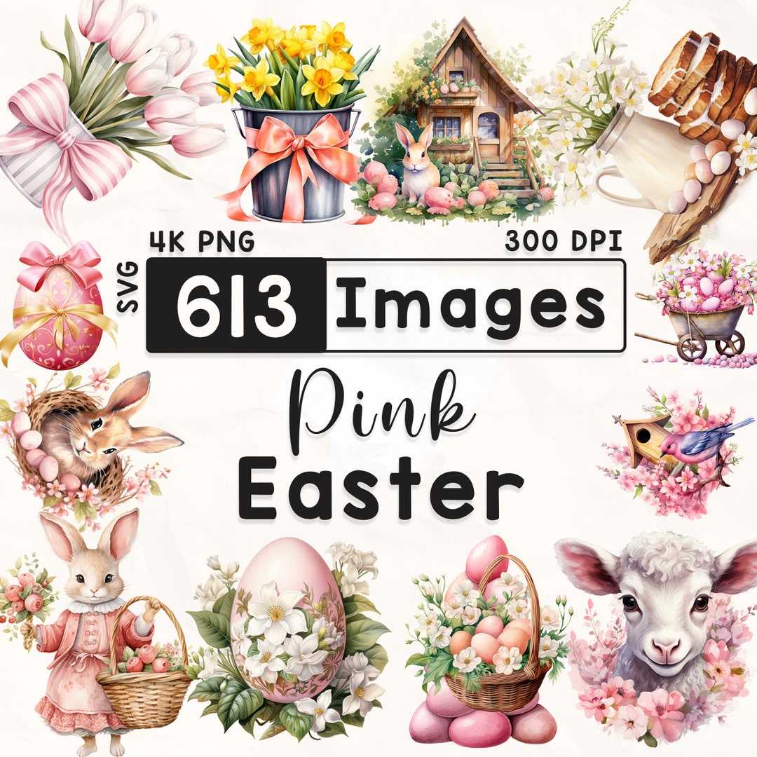 613 Pink Easter Clipart Bundle, Watercolor Easter Clipart, Bunny ...