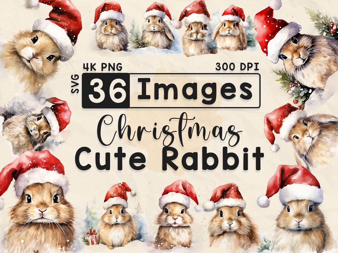 Christmas Cute Bunny Clipart, Watercolor Clipart, Christmas PNG, Santa ...