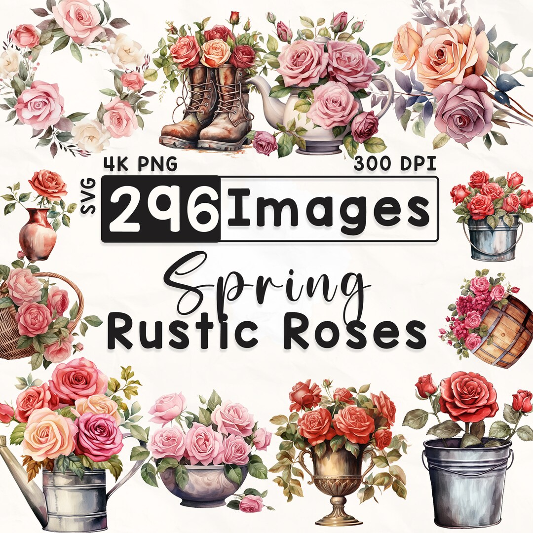296 Rustic Roses Clipart Bundle, Watercolor Floral Clipart, Rose ...