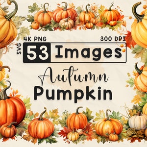 53 Autumn Pumpkin Clipart, Watercolor Clipart, Fall Season, Scrapbook ...