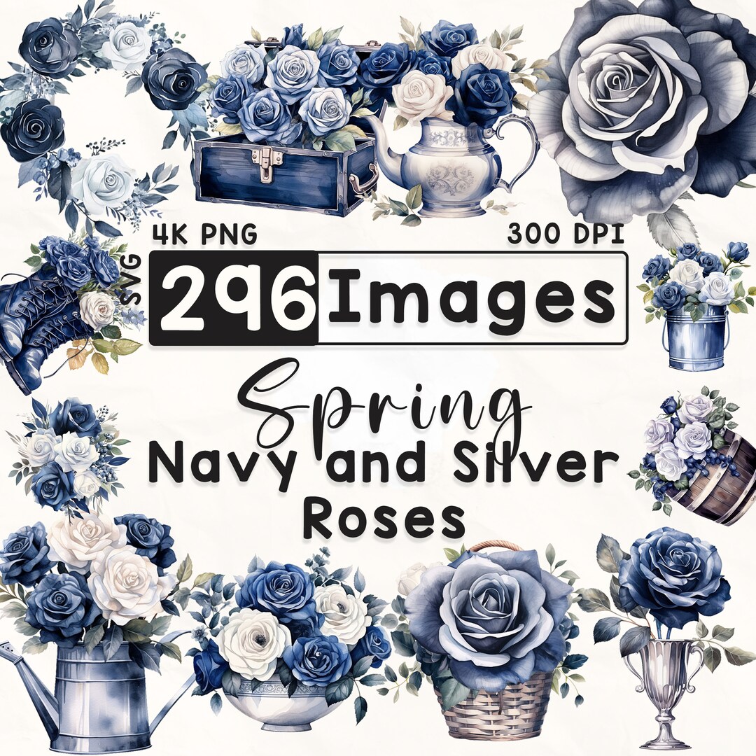 296 Navy and Silver Roses Clipart Bundle, Watercolor Floral Clipart ...