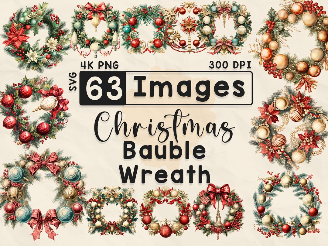 Christmas Bauble Wreath Clipart, Watercolor Clipart, Festive Season ...