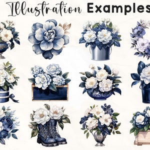 282 Navy and Silver Camellias Clipart Bundle, Watercolor Floral Clipart ...