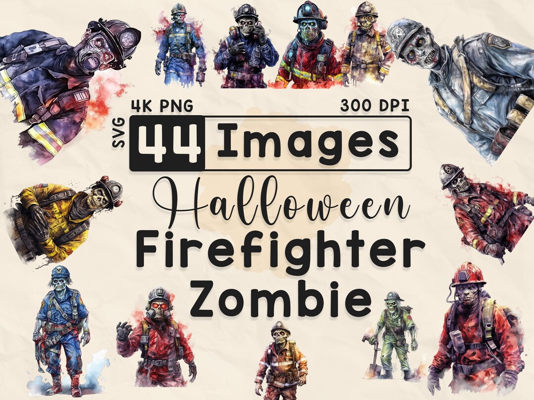 44 Spooky Halloween Zombie Firefighter Clipart, Watercolor Clipart ...
