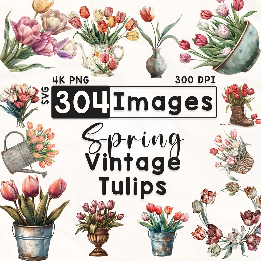 304 Vintage Tulips Clipart Bundle, Watercolor Floral Clipart, Tulip ...