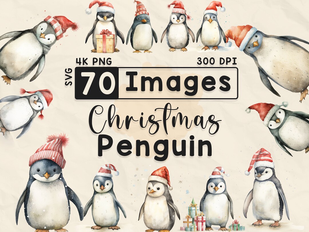 Christmas Penguin Clipart, Watercolor Clipart, Christmas PNG, Scrapbook ...