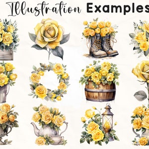 296 Yellow and Grey Roses Clipart Bundle, Watercolor Floral Clipart ...