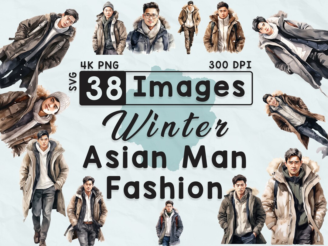 38 Winter Asian Man Fashion Clipart, Watercolor Clipart, Snow Season ...