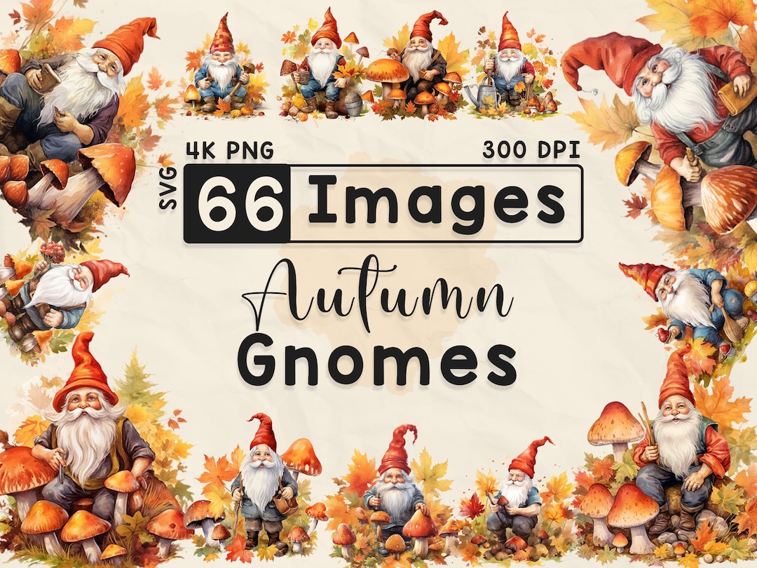 66 Autumn Garden Gnomes Clipart, Watercolor Clipart, Fall Season ...