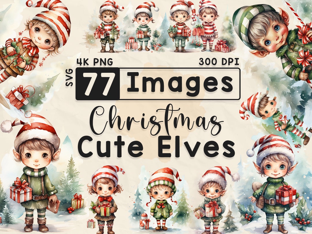 Christmas Cute Elves Clipart, Watercolor Clipart, Festive Season ...