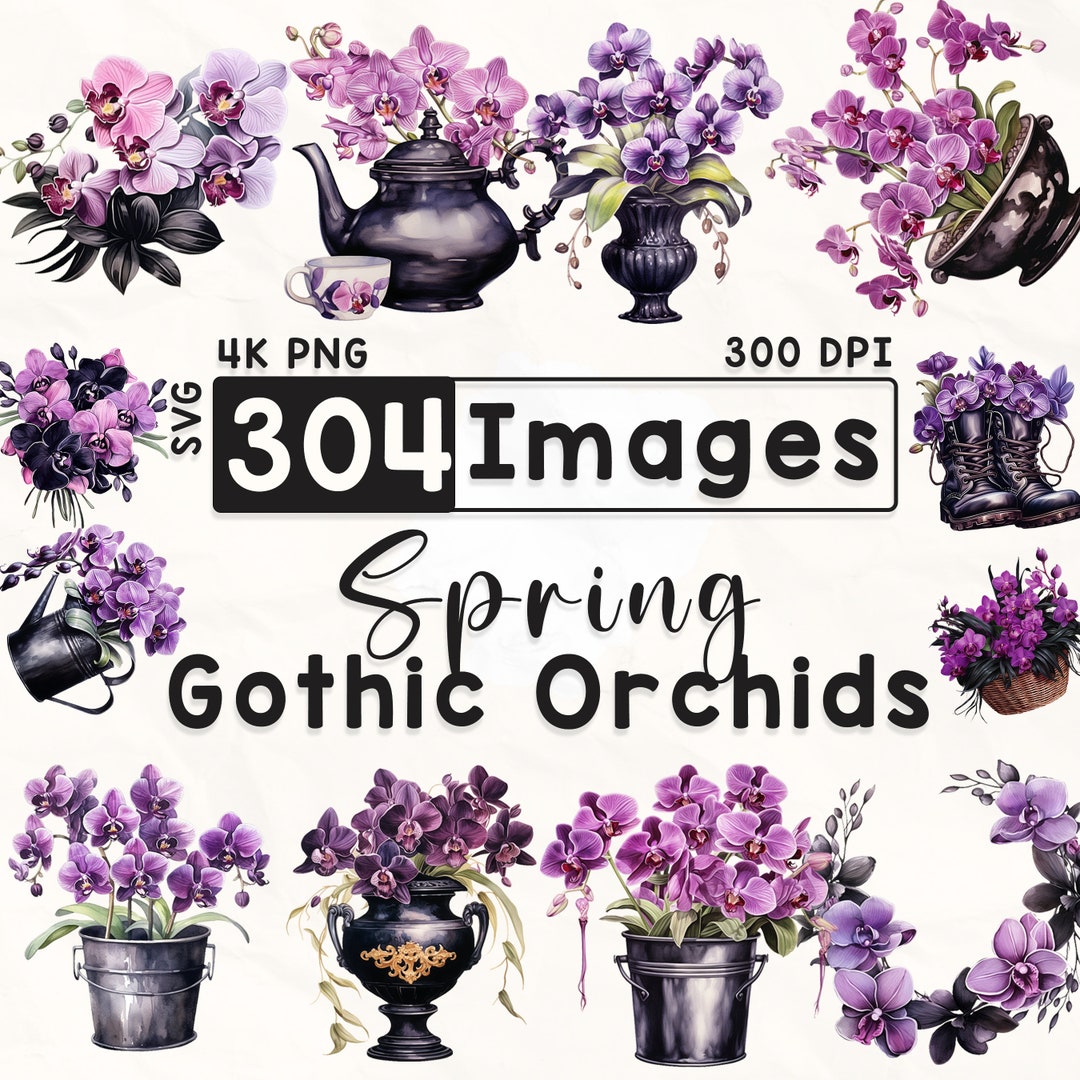 304 Gothic Orchids Clipart Bundle, Watercolor Floral Clipart, Orchid ...