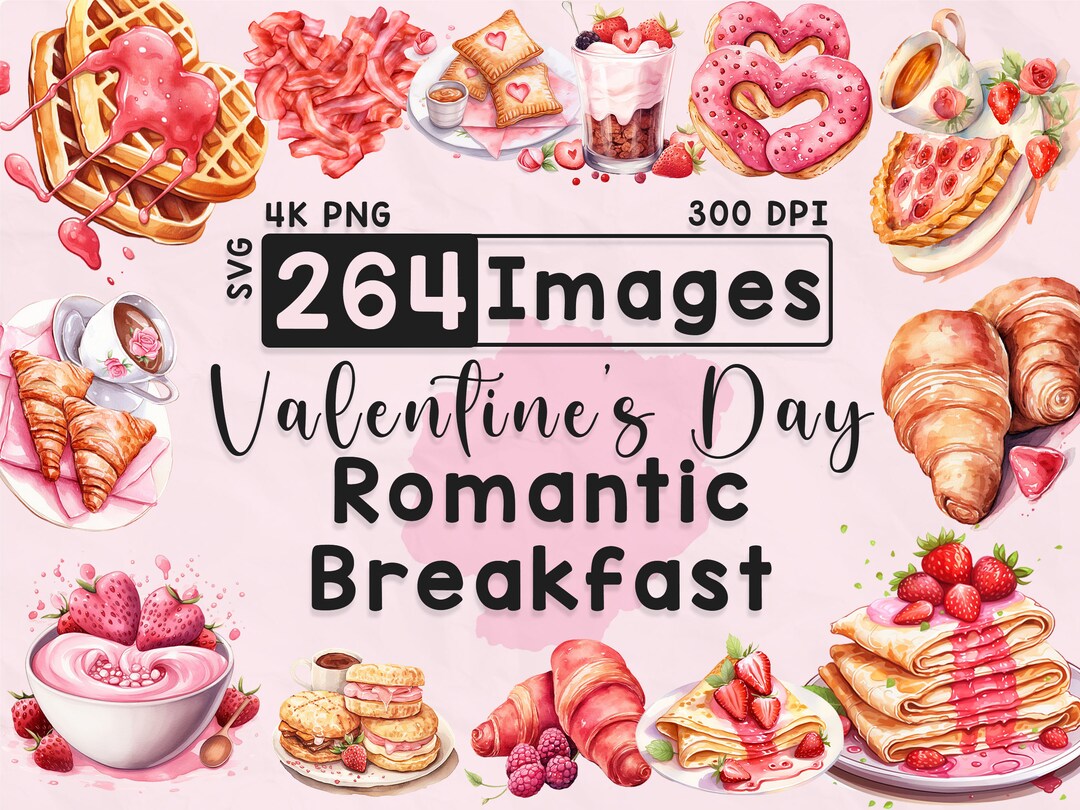 Valentine's Day Breakfast Clipart, Watercolor Clipart, Romantic ...