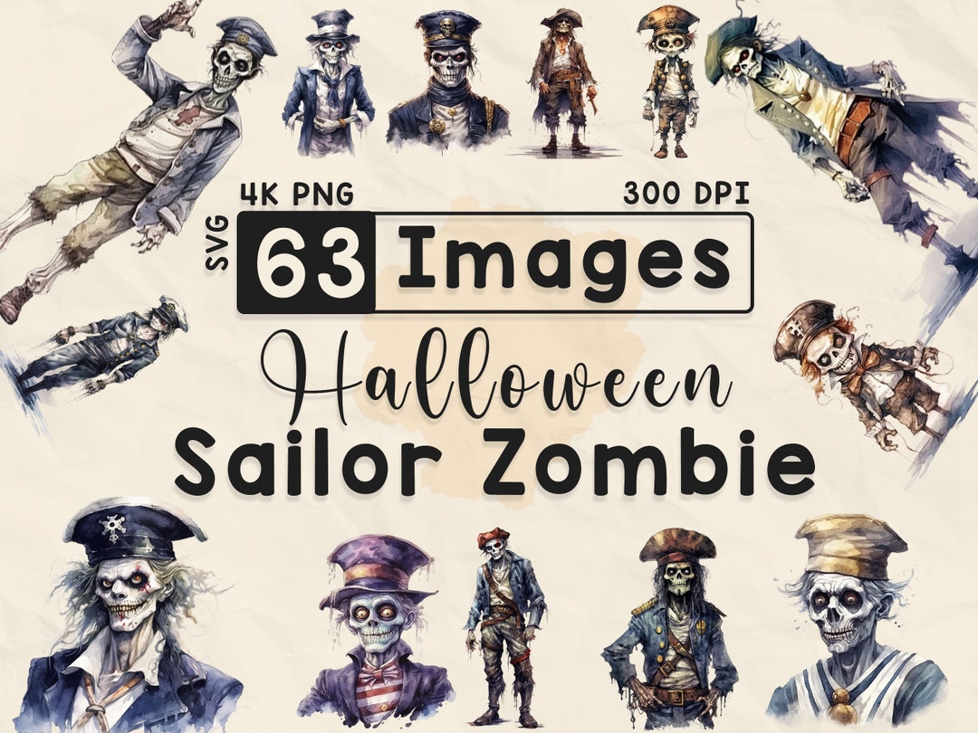 63 Spooky Halloween Zombie Sailor Clipart, Watercolor Clipart ...