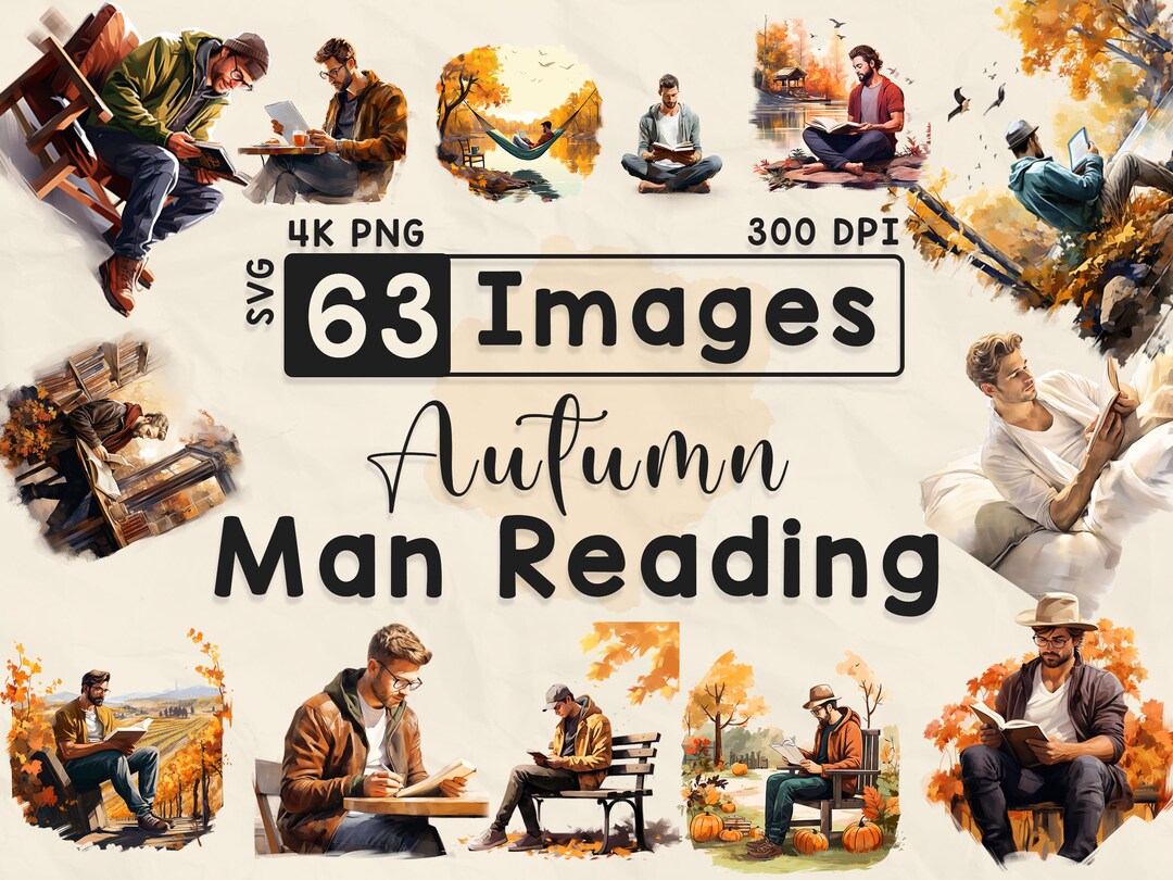 63 Autumn Man Reading Scene Clipart, Watercolor Clipart, Fall Season ...