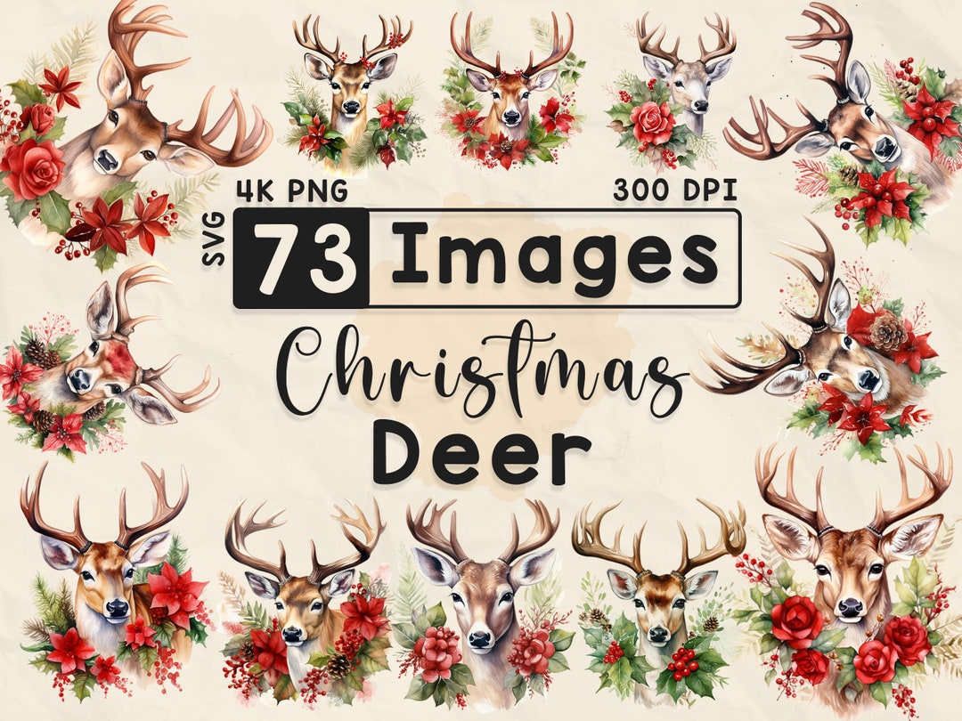 Christmas Flower Reindeer Clipart, Watercolor Clipart, Christmas PNG ...