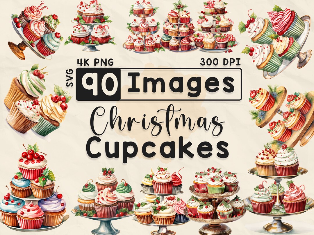 Christmas Cupcakes Clipart, Watercolor Clipart, Christmas PNG ...