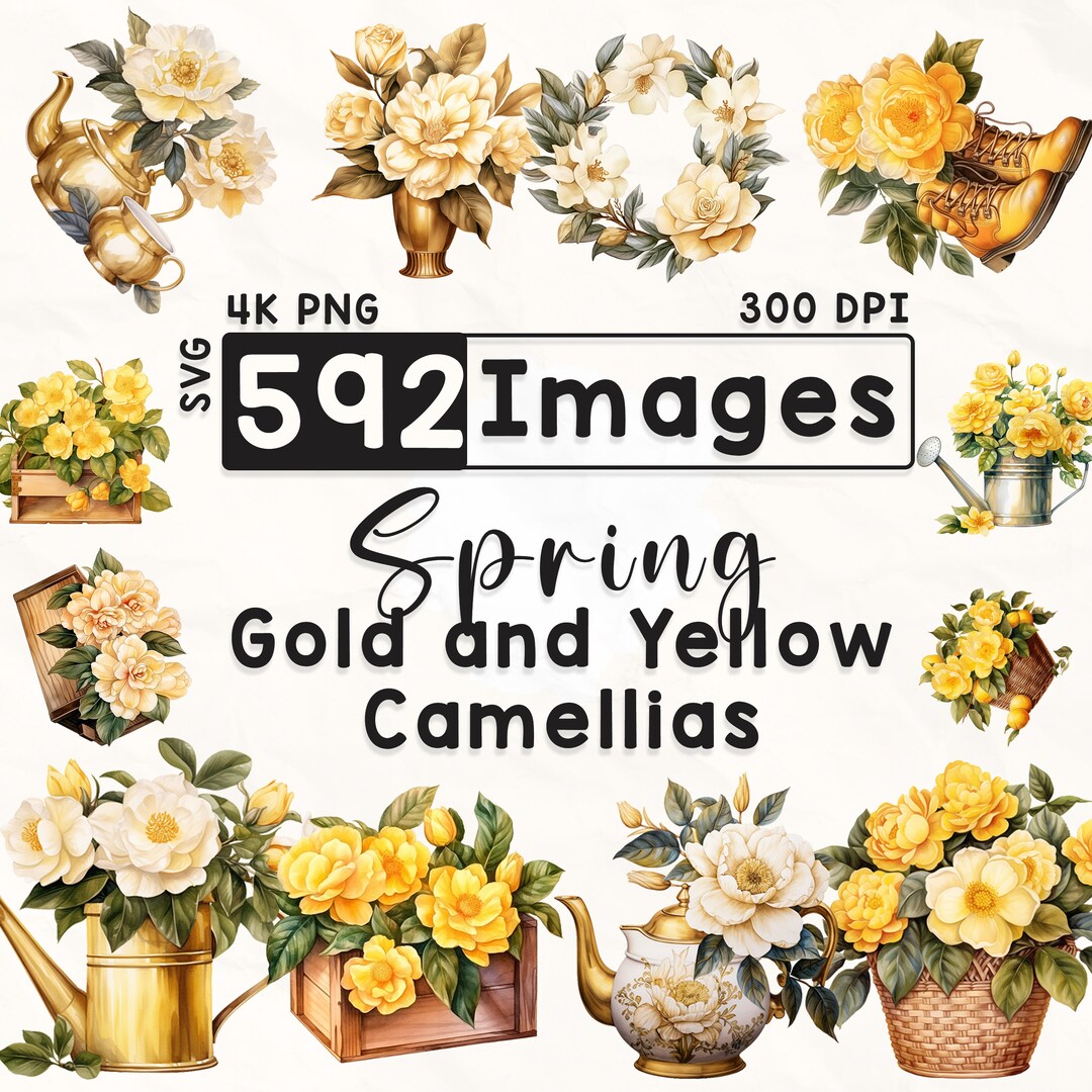 592 Gold Camellias Clipart Bundle, Watercolor Floral Clipart, Camellia ...