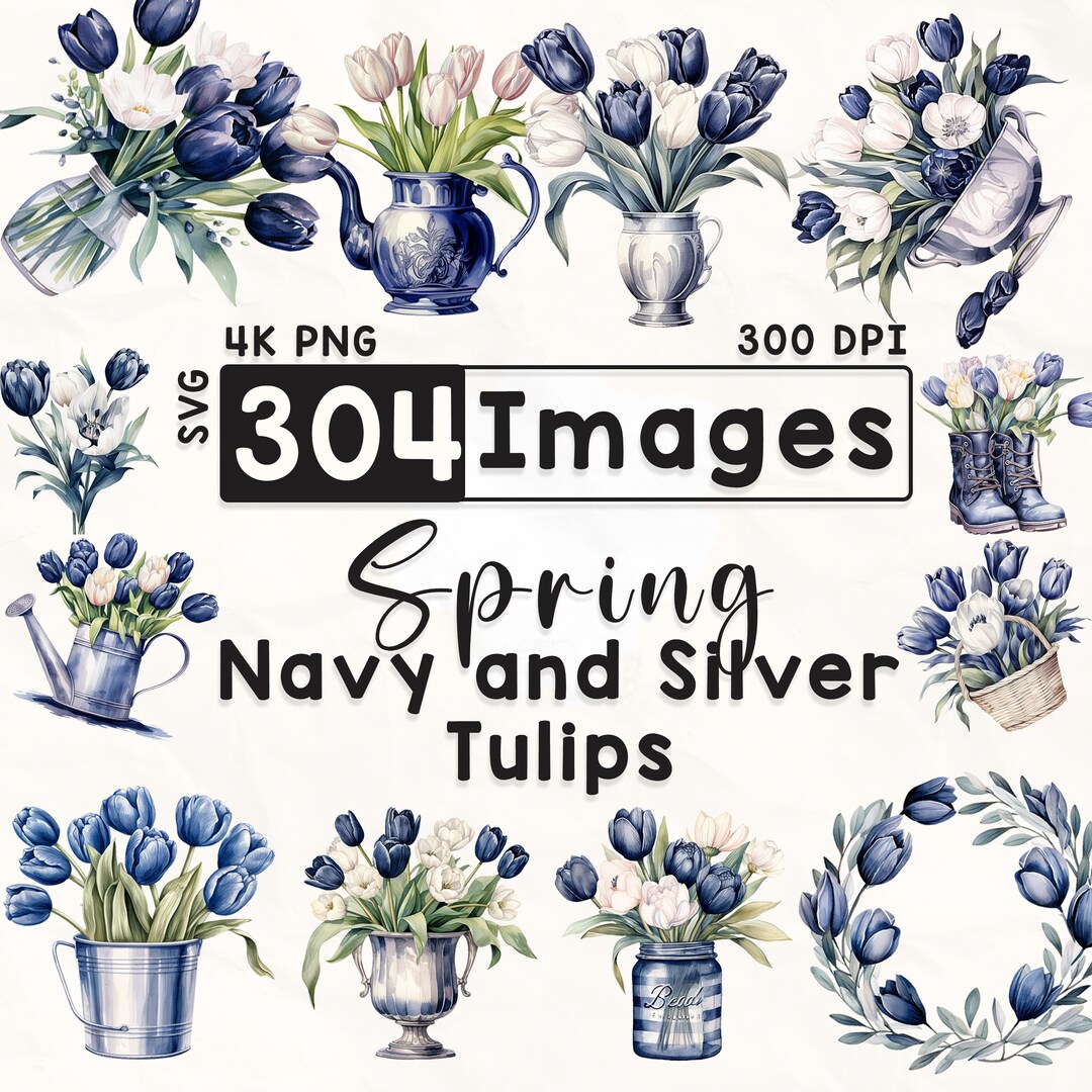 304 Navy and Silver Tulips Clipart Bundle, Watercolor Floral Clipart ...
