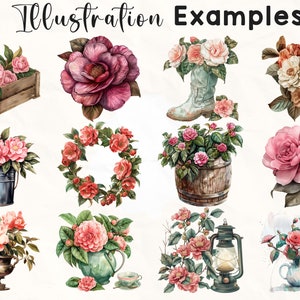 304 Vintage Camellias Clipart Bundle, Watercolor Floral Clipart ...