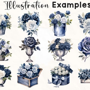 296 Navy and Silver Roses Clipart Bundle, Watercolor Floral Clipart ...