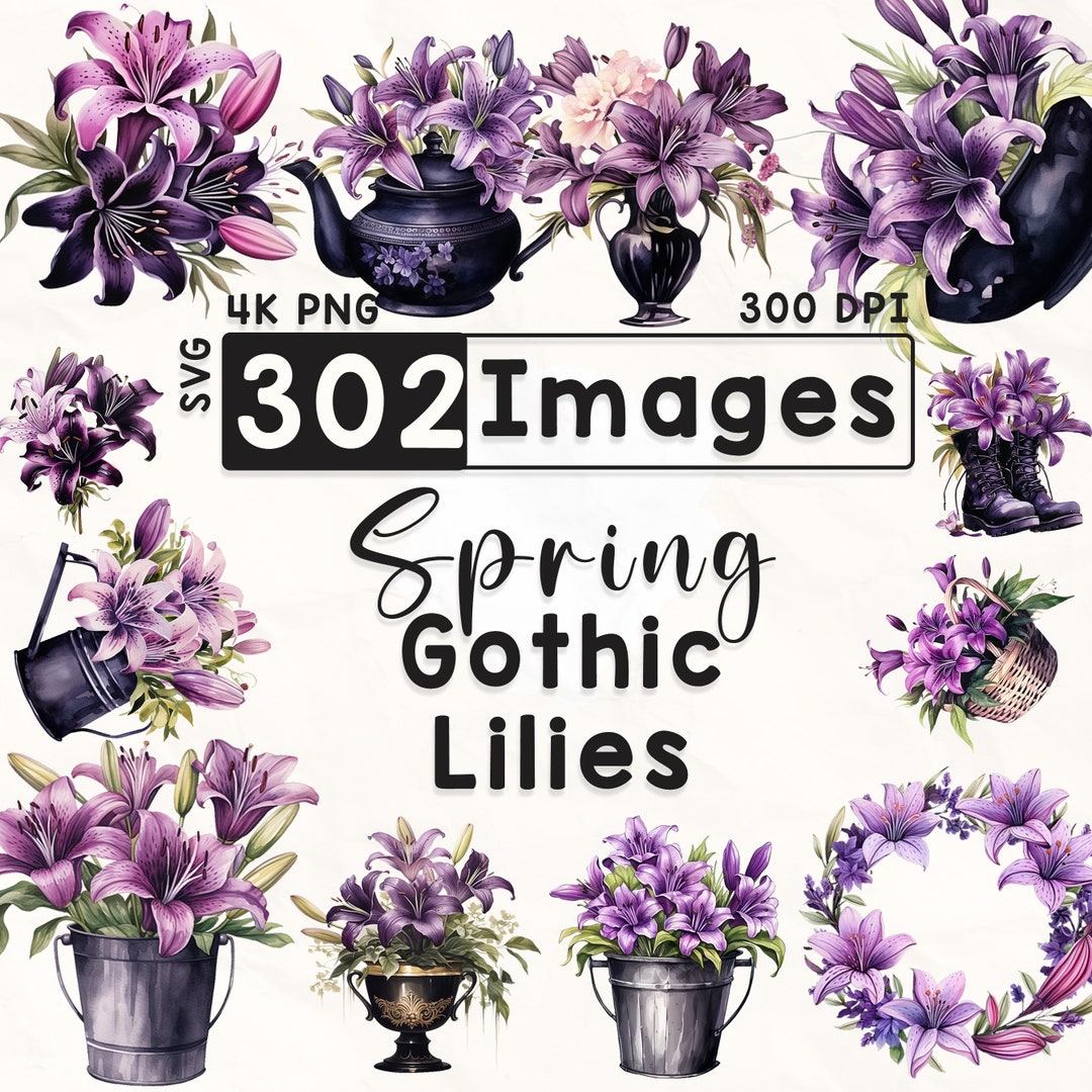 302 Gothic Lilies Clipart Bundle, Watercolor Floral Clipart, Lily ...