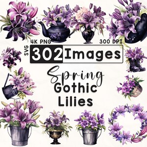 302 Gothic Lilies Clipart Bundle, Watercolor Floral Clipart, Lily ...