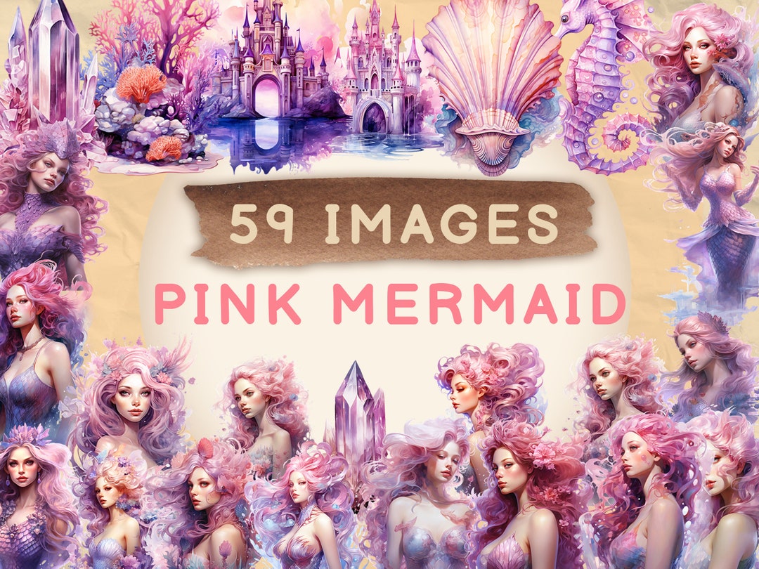 59 Pink and Purple Mermaid Clipart, Watercolor Mermaid Clipart, 4K PNG ...