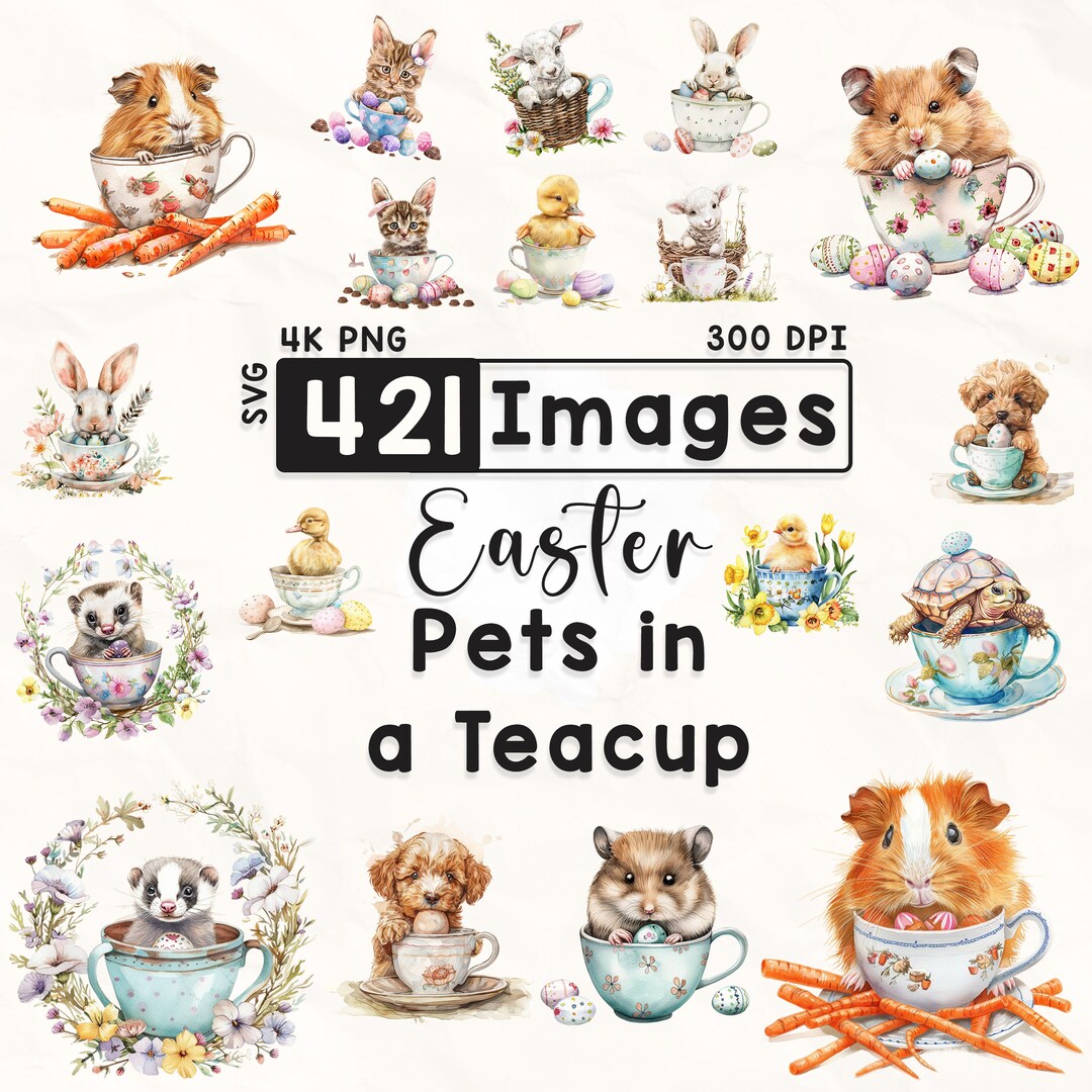 421 Easter Pets in a Teacup Clipart Bundle, Watercolor Clipart, Bunny ...